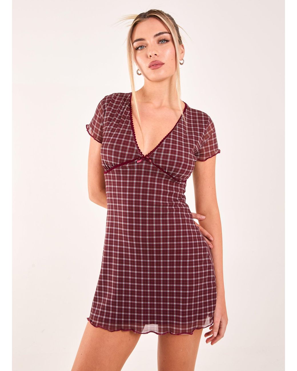 Pink Vanilla Check Cap Sleeve Mini Dress in Red | Lyst UK