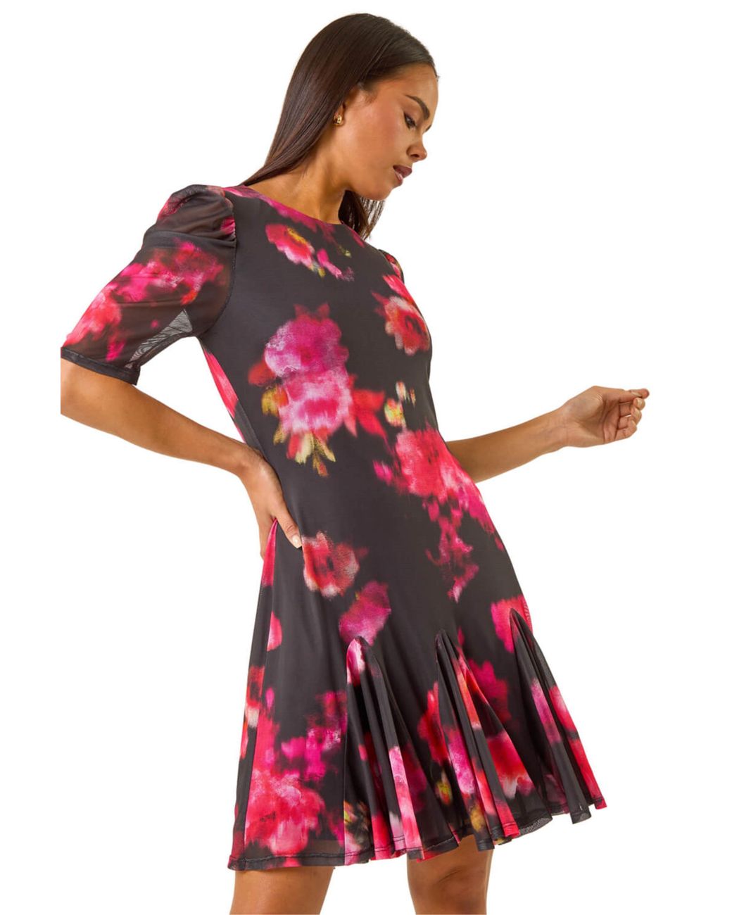 Roman Petite Floral Print Mesh Stretch Dress in Red | Lyst UK