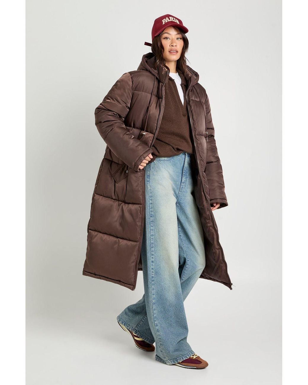 Boohoo Tall Longline Puffer Jacket in Brown | Lyst UK