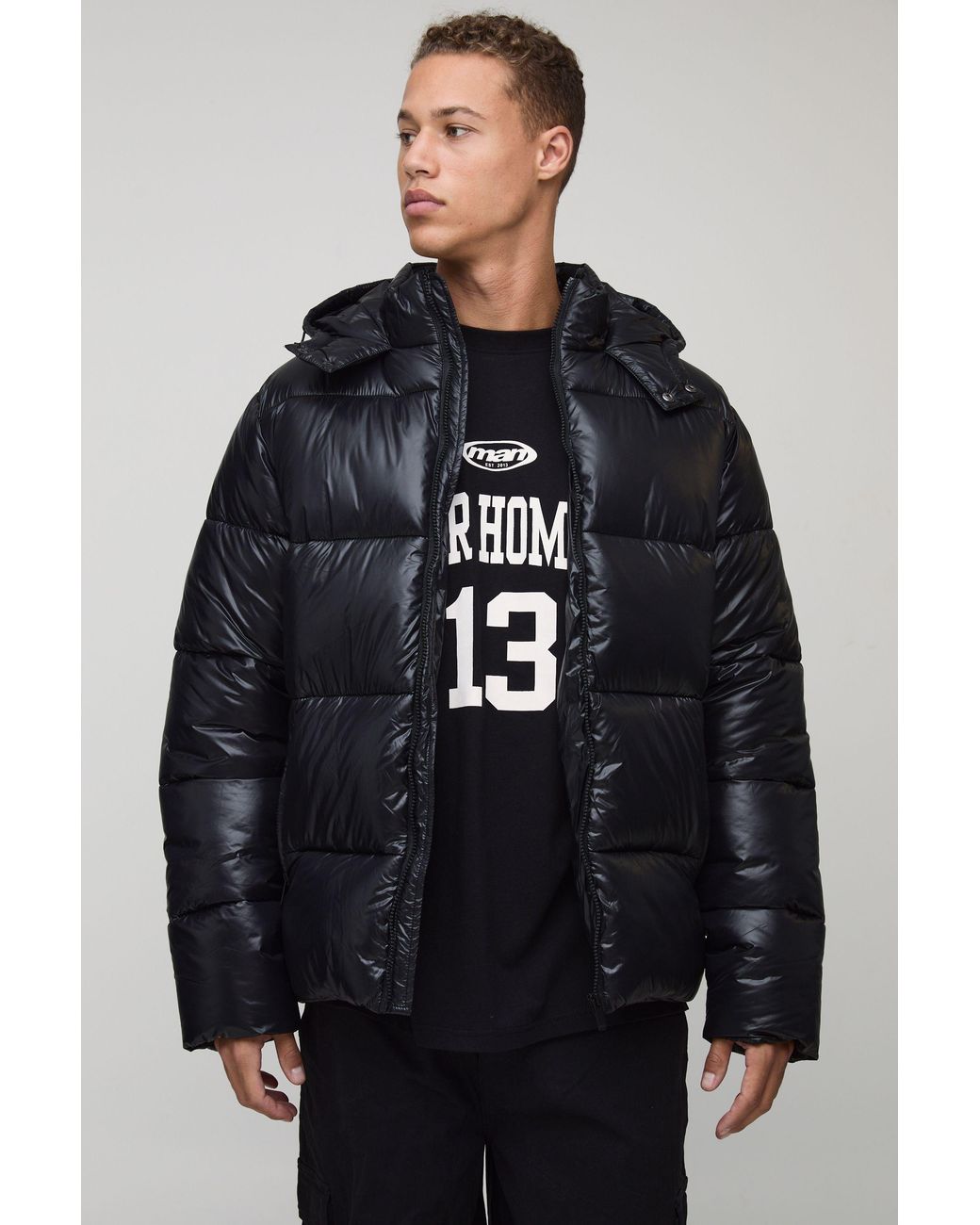 BoohooMAN Tall Regular Fit High Shine Puffer Jacket in Blue for Men ...