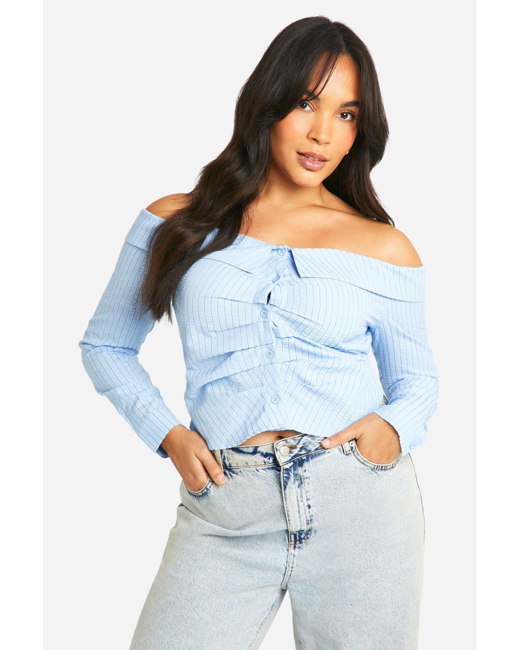 Boohoo Plus Bardot Stripe Shirt in Blue | Lyst UK