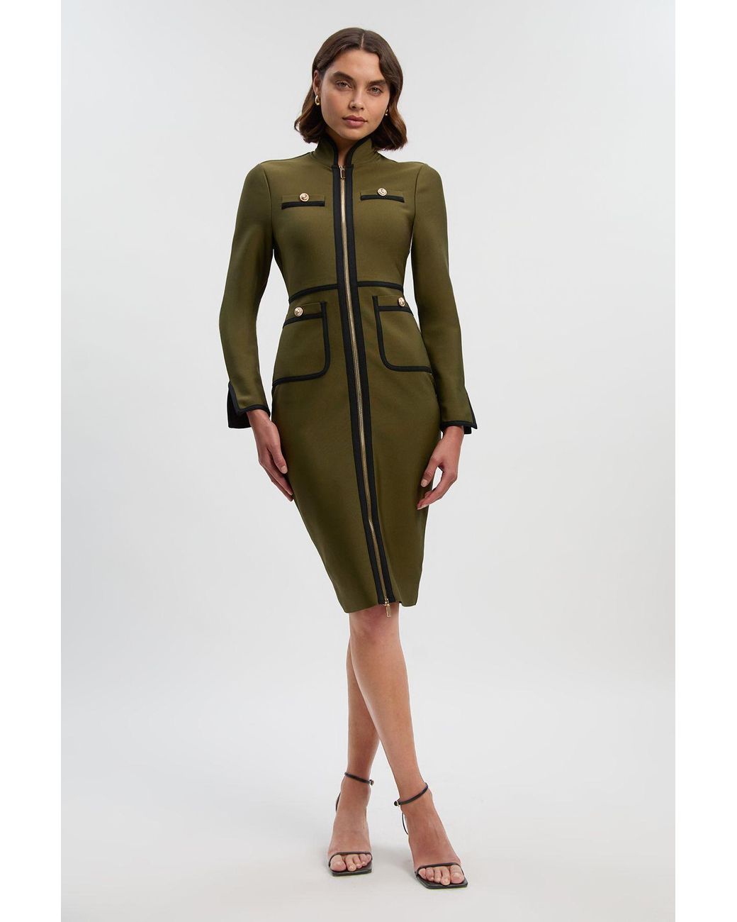 Karen Millen Figure Form Bandage Knit Piping Detail Military Midi Dress ...