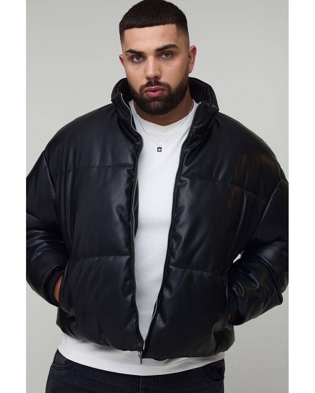 BoohooMAN Plus Boxy Curved Hem Pu Puffer Jacket in Black for Men | Lyst UK