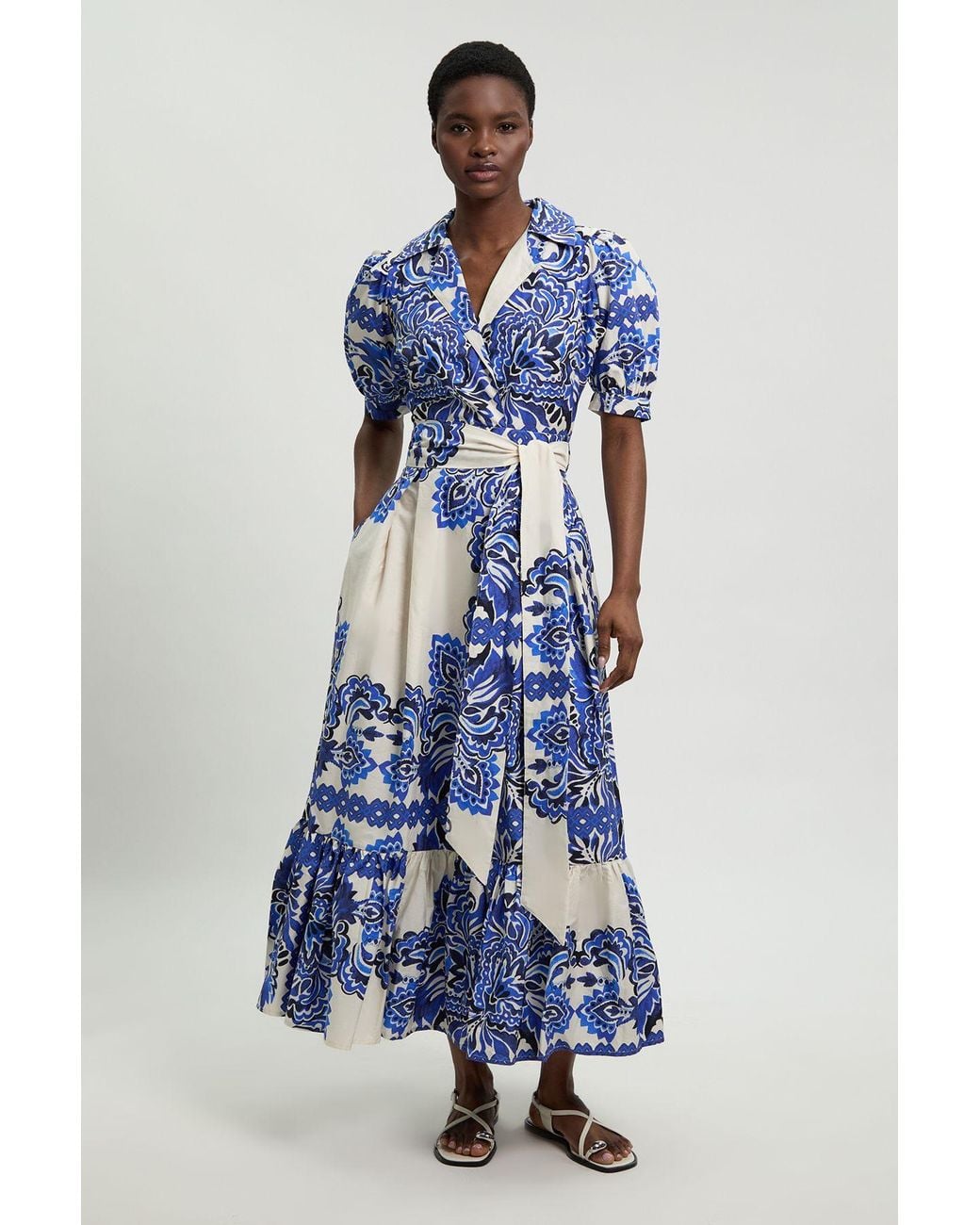 Karen Millen Tile Print Cotton Poplin Midi Dress in Blue | Lyst UK