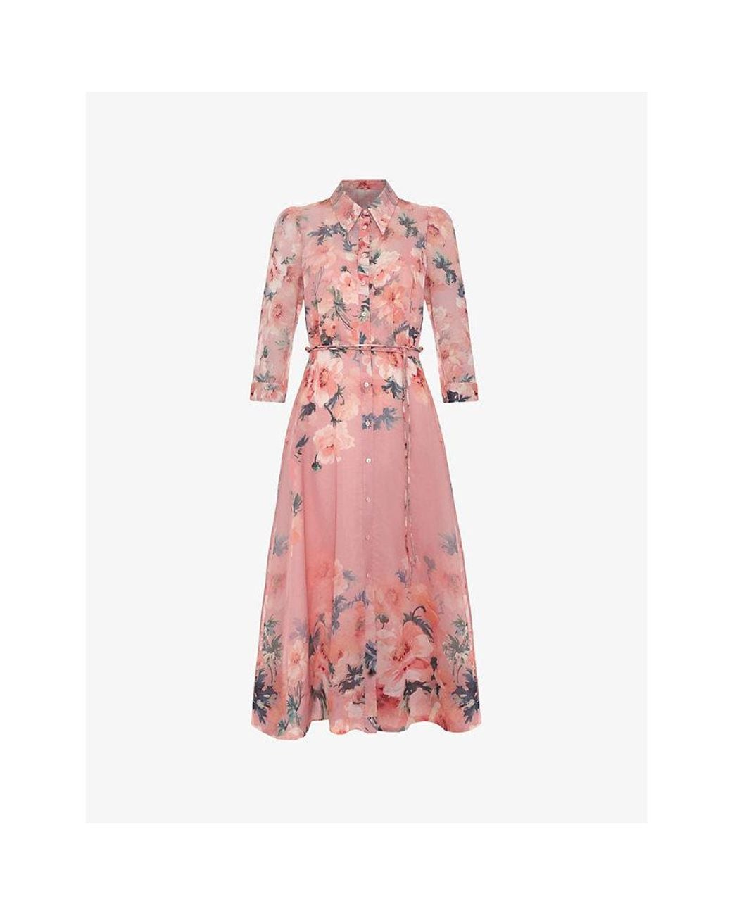 Phase Eight Anabella Floral-Print Linen-Blend Midi Dress in Pink | Lyst