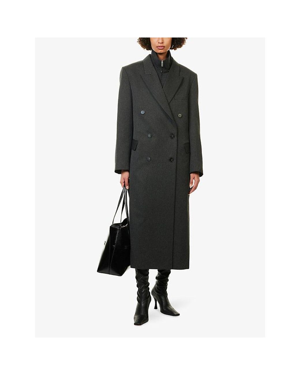Frankie Shop Jane Double-Breasted Woven Long Coat in Black | Lyst