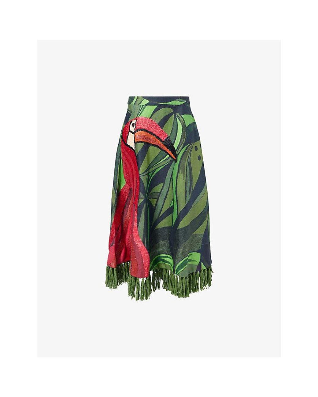 FARM Rio Embroidered Linen Midi Skirt in Green | Lyst