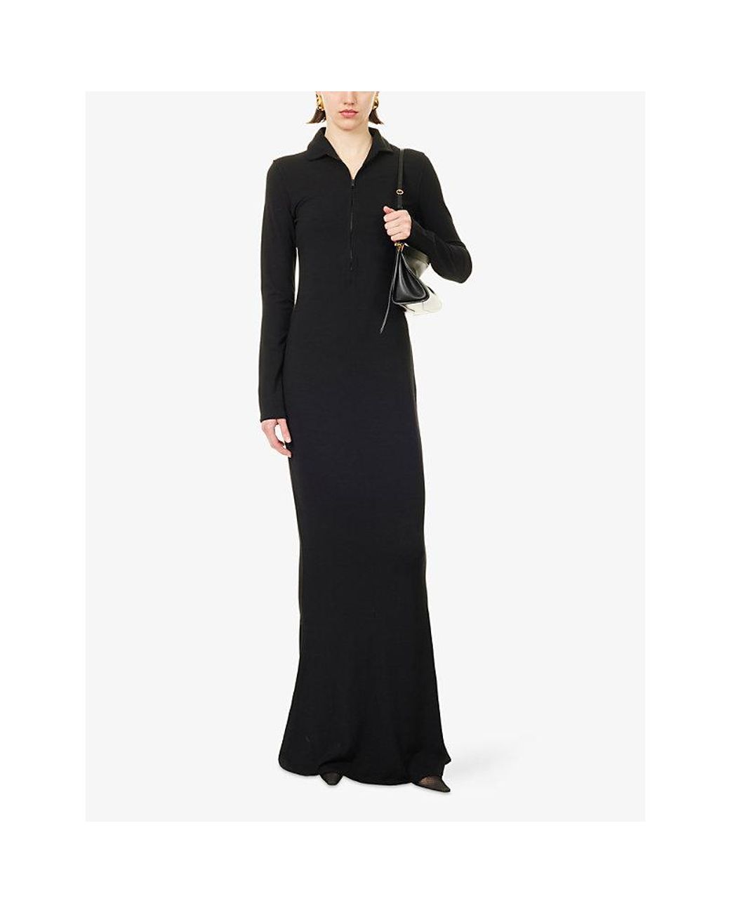 Mugler Column Quarter-Zip Wool-Jersey Maxi Dress in Black | Lyst