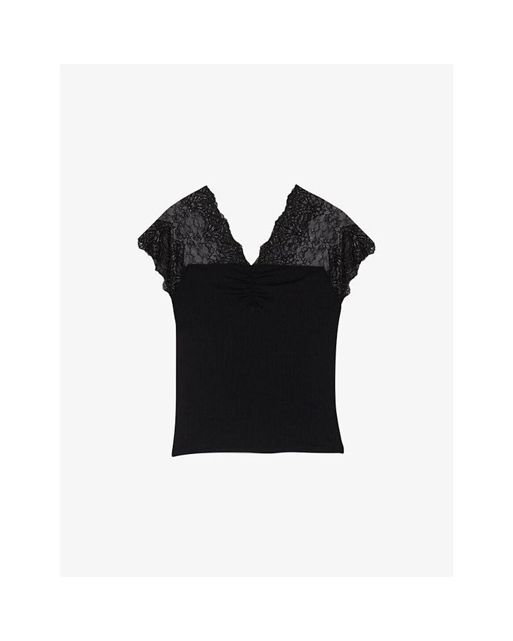 Maje Liliona Lace-Panel Stretch-Woven Top in Black | Lyst