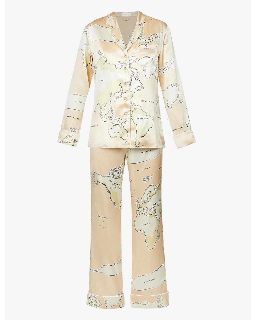 Olivia Von Halle Lila Map Print Silk Pyjama Set In Natural Lyst