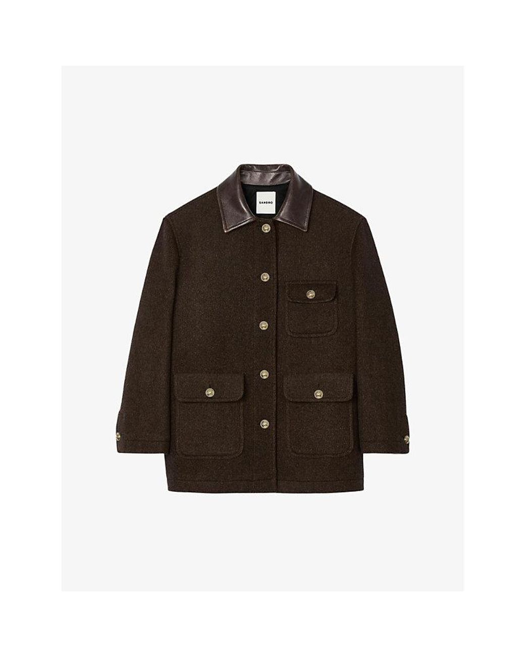 Sandro Contrast-Collar Patch-Pocket Tweed Coat in Brown | Lyst