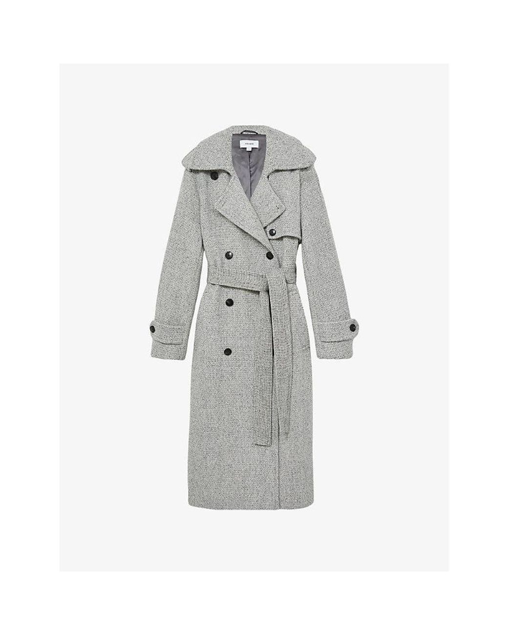 Reiss Alba Check-Pattern Wool-Blend Trench Coat in Gray | Lyst