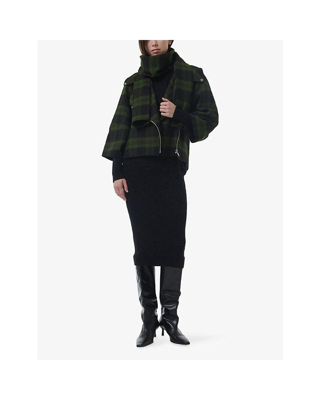 eem Check-Pattern Detachable-Scarf Biker Jacket in Black | Lyst UK