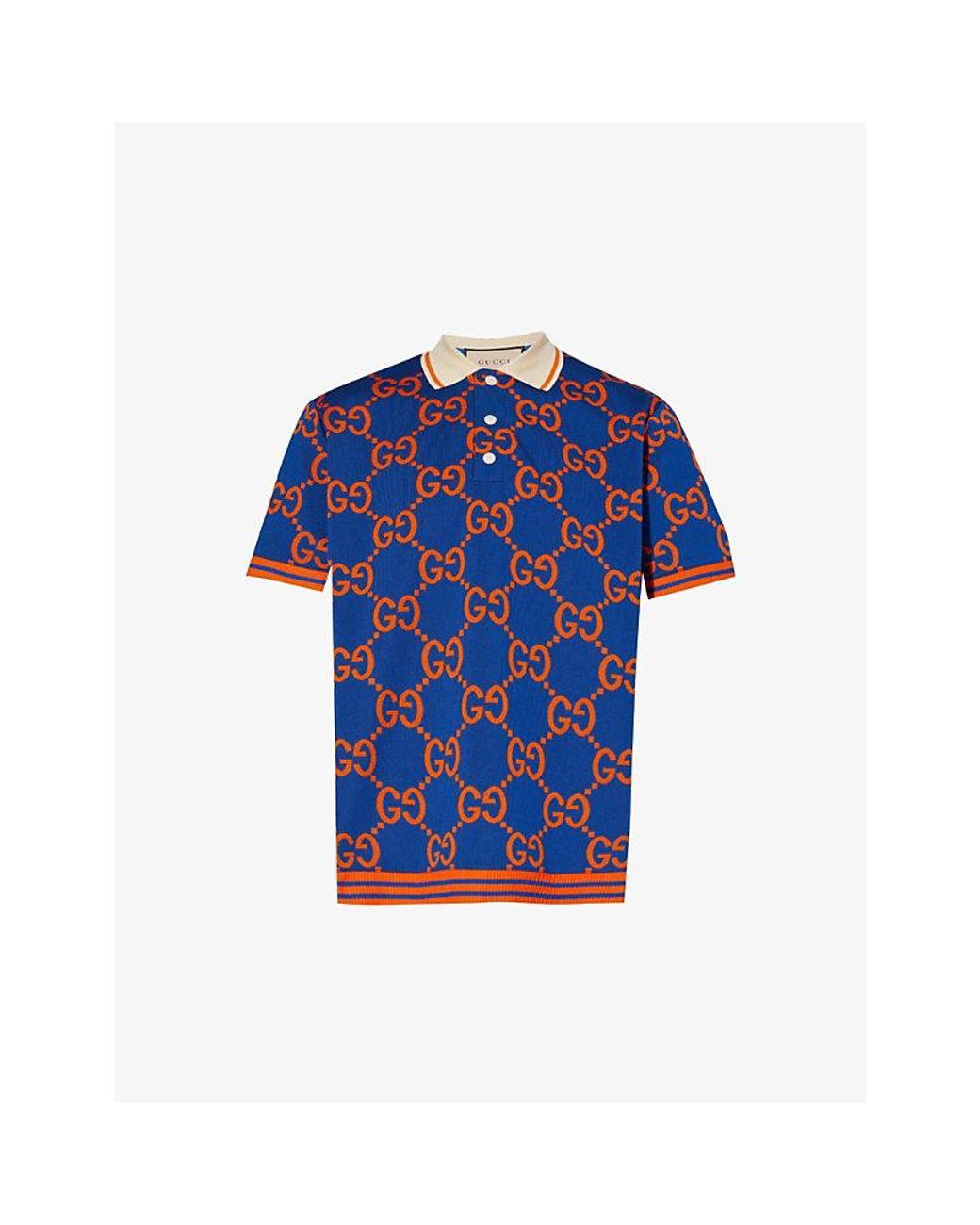 Gucci Monogram-print Stretch-woven Blend Polo Shirt in Blue for Men | Lyst