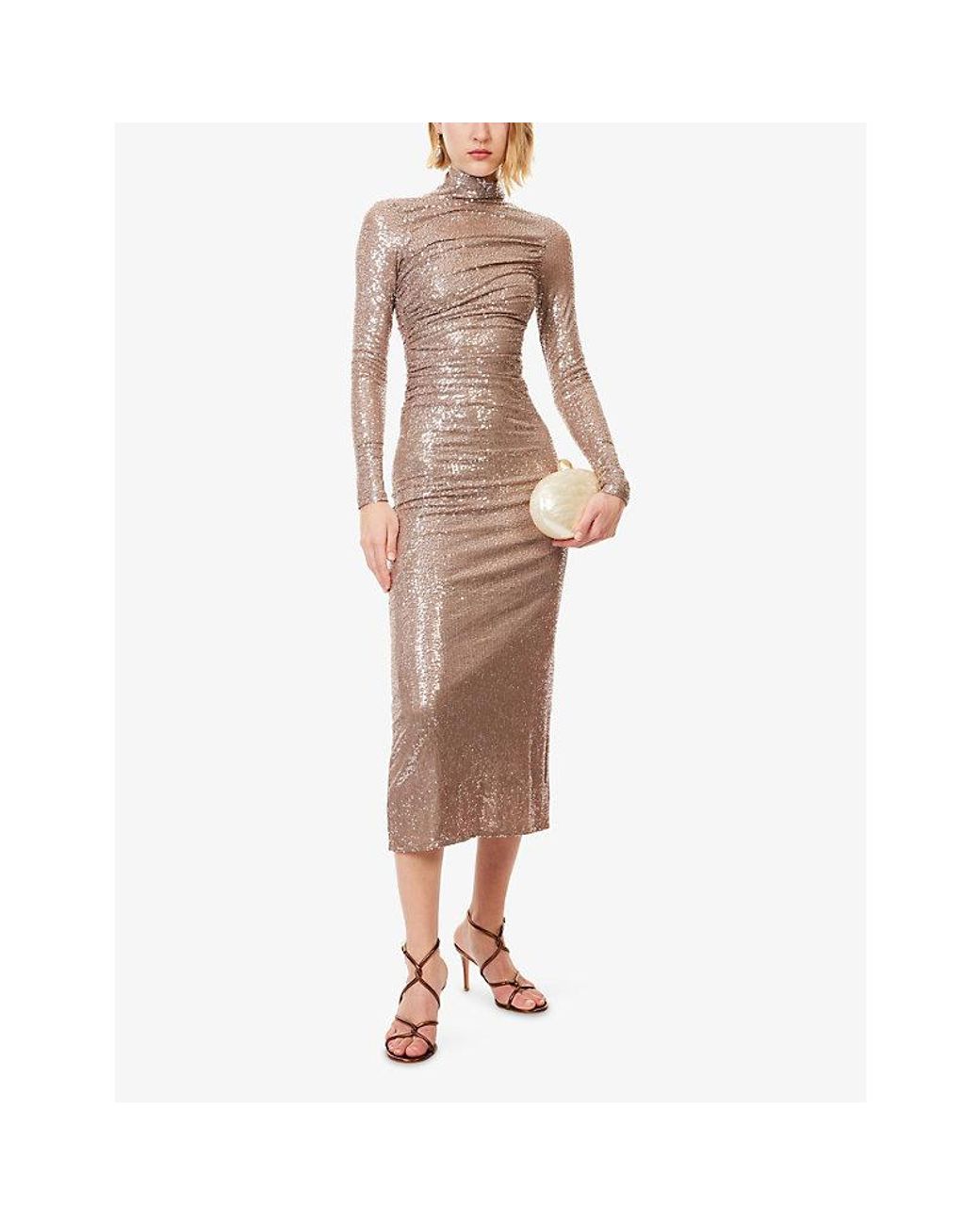 Needle & Thread Malia Turtleneck Sequin Mesh Gown in Natural | Lyst