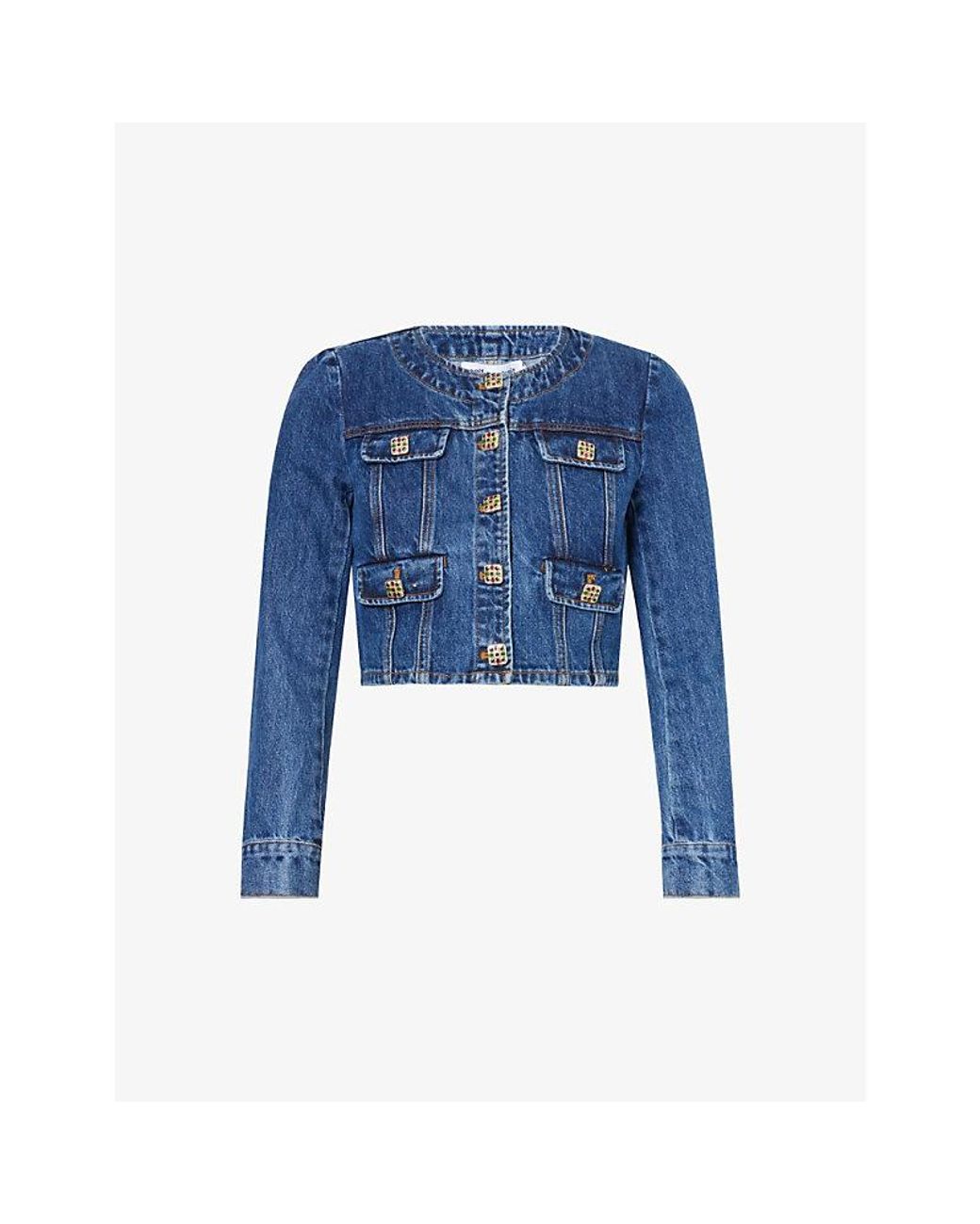 Self-Portrait Padded-shoulder Cropped Denim Jacket in Blue | Lyst