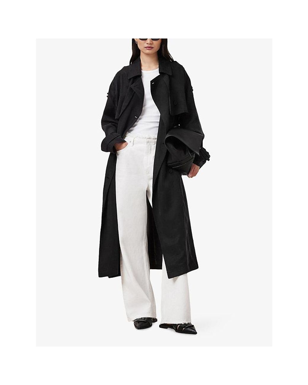 AllSaints Linnie Belted Woven Trench Coat in Black | Lyst