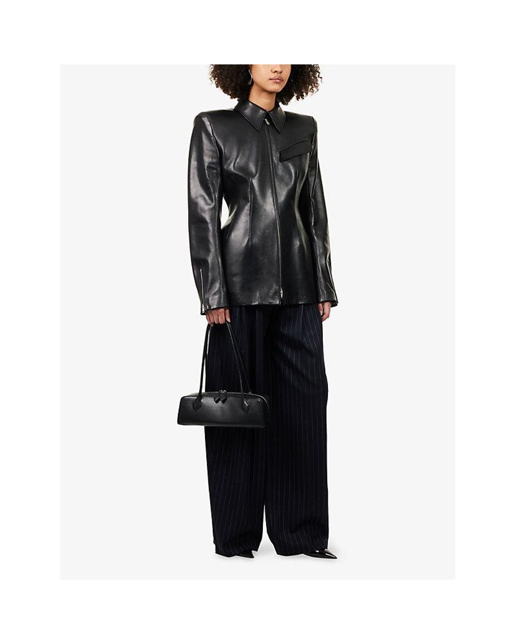 Mugler Collared Cinched-Waist Leather Jacket in Black | Lyst UK