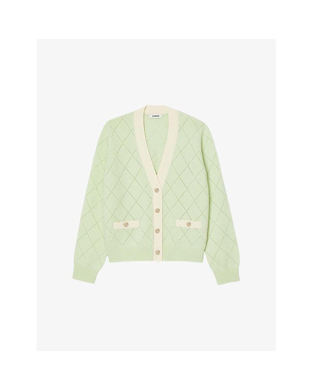 Sandro Contrast-trim Pointelle-stitch Knitted Cardigan in Green | Lyst