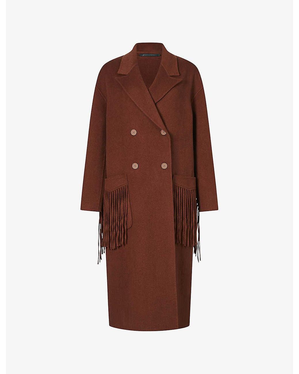 AllSaints Freya Fringe-detail Wool-blend Coat in Brown | Lyst