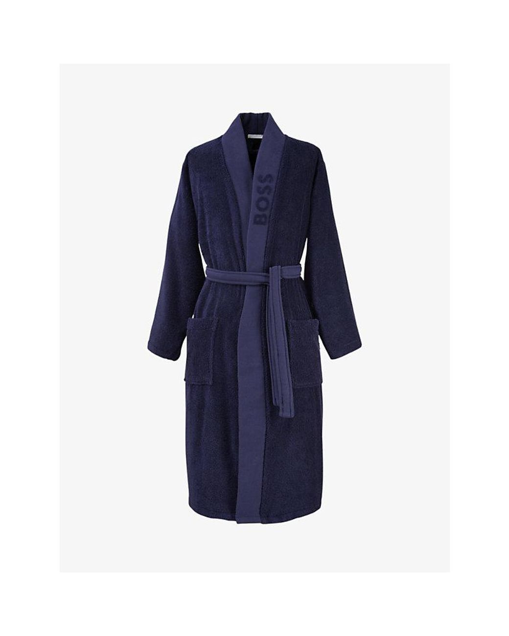 BOSS Logo-Embroidered Kimono Terry Cotton Dressing Gown in Blue for Men ...