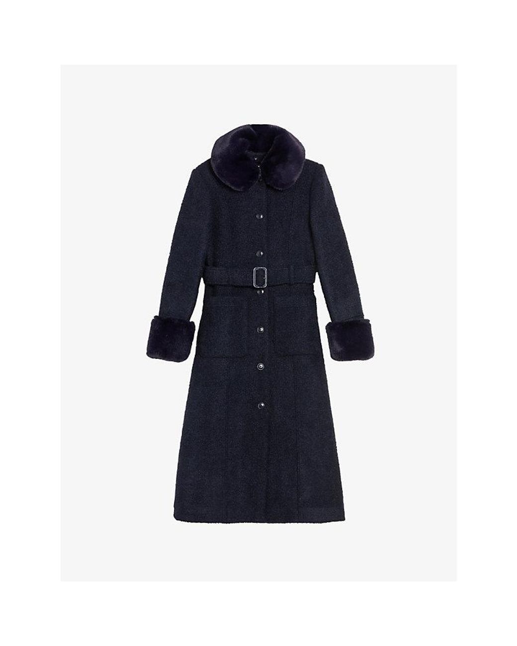 Ted Baker Lyddiia Faux Fur-collar Woven Coat in Blue | Lyst