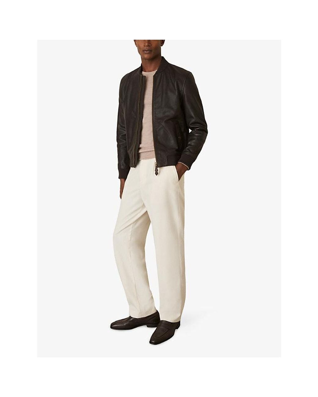 Reiss Cast Long-Sleeve Leather Bomber Jacket in Black for Men | Lyst