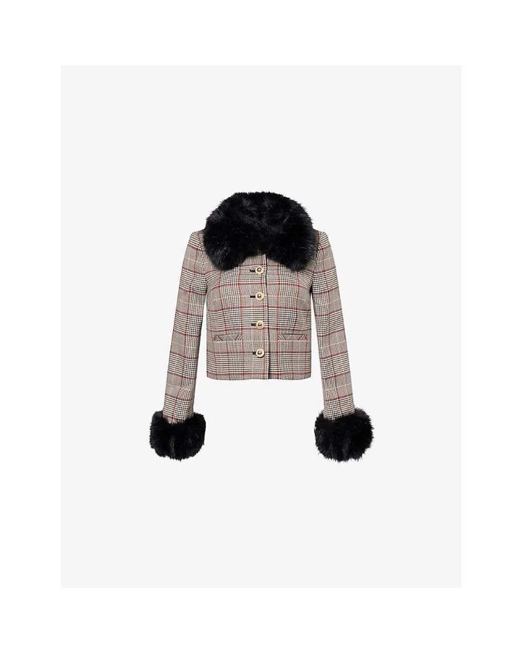 Self-Portrait Check-Print Faux-Fur Wool-Blend Jacket in Black | Lyst