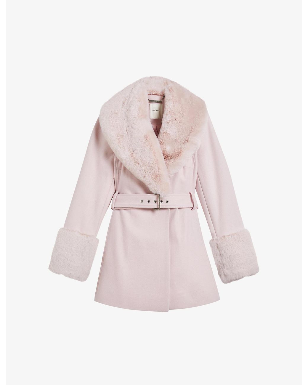Ted Baker Loleta Faux Fur-collar Wool-blend Coat in Pink | Lyst