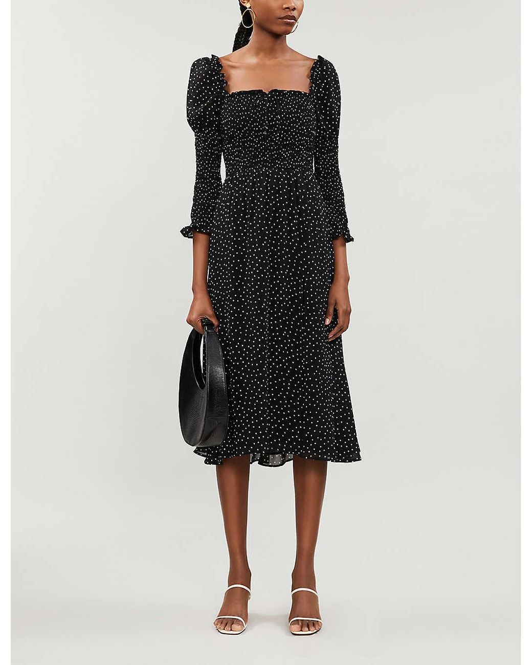 Reformation Rosamund Polka-dot Print Crepe Midi Dress in Black | Lyst