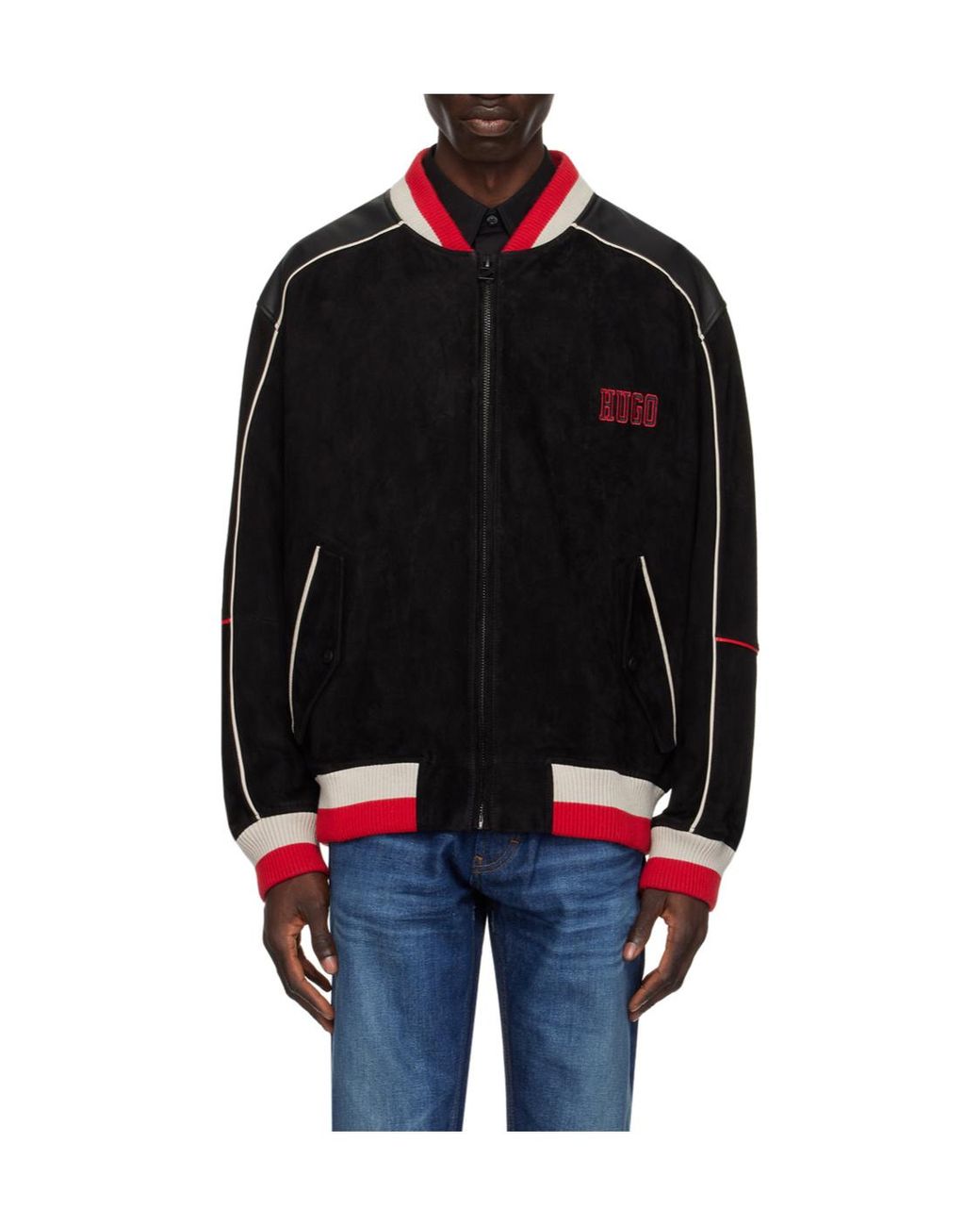 BOSS Logo-Embellished Leather Bomber Jacket in Black for Men | Lyst