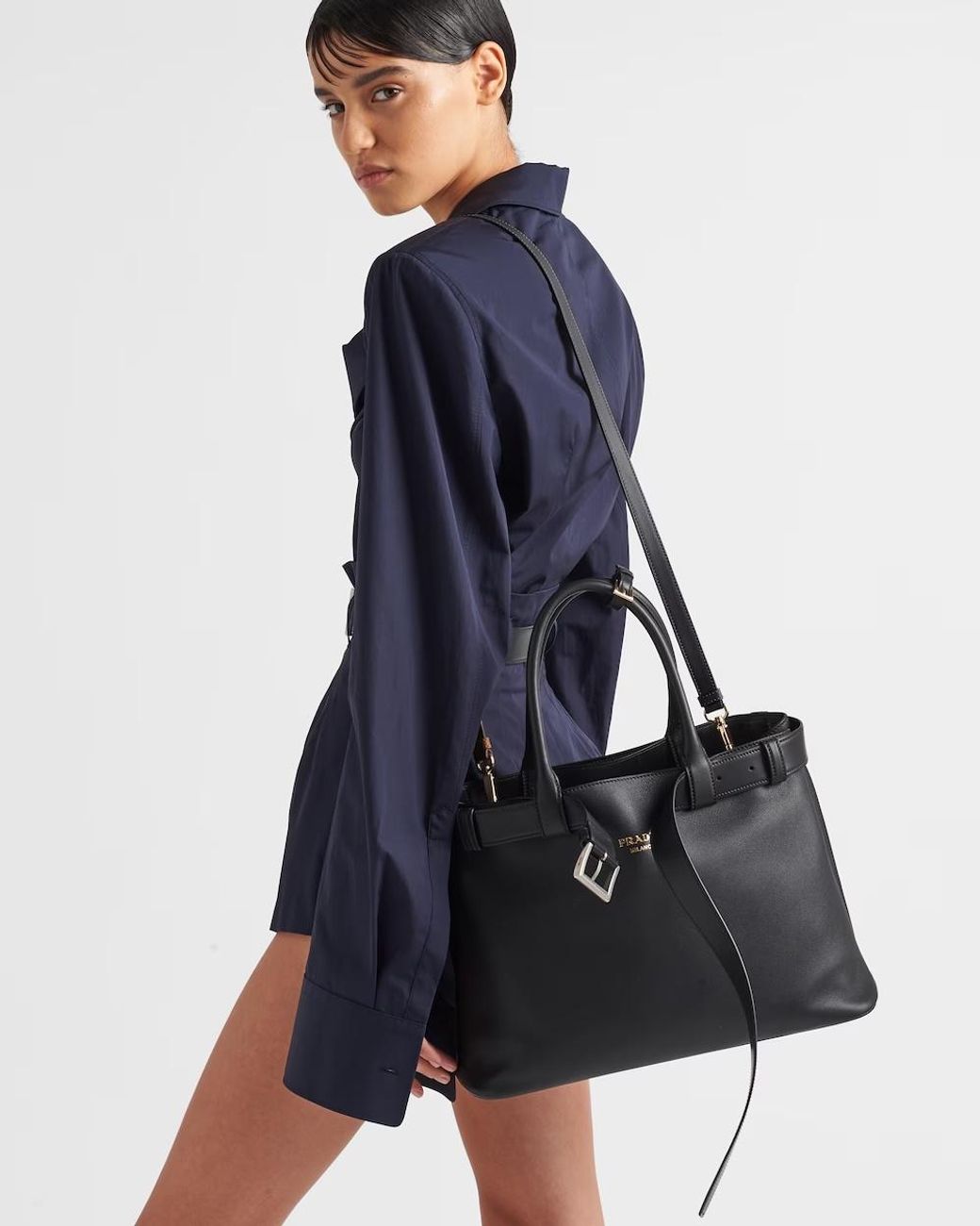 Prada Open-Top Large Belted Handbag in Black | Lyst