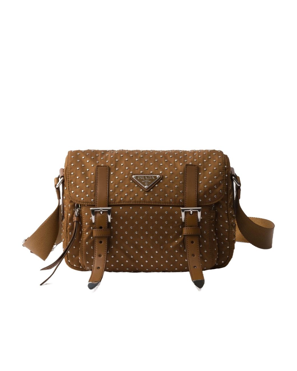 Prada Re-Nylon Shoulder Bag With Studs in Brown | Lyst