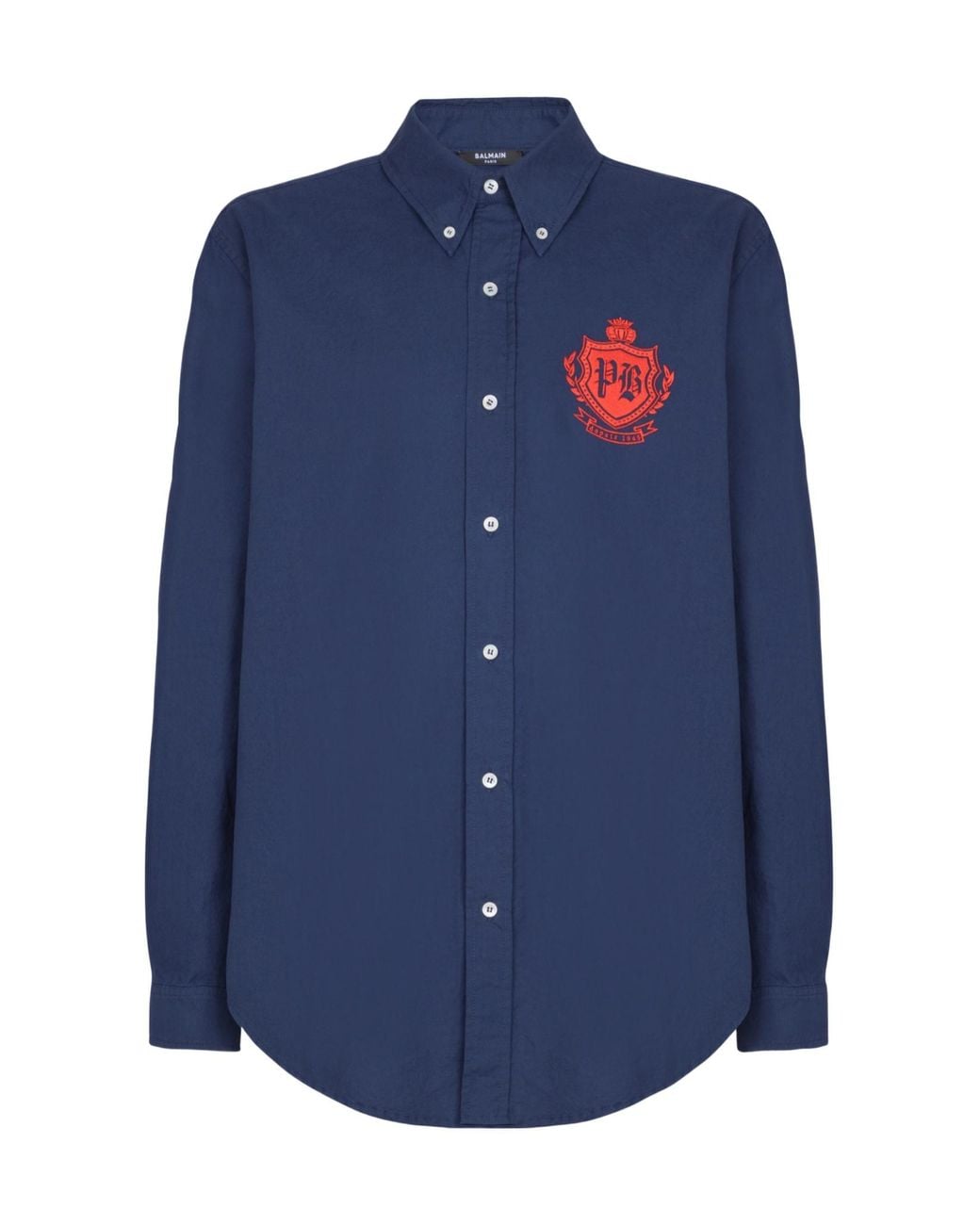Balmain Apos;S Oxford Cotton College Emblem Button-Down Shirt in Blue ...
