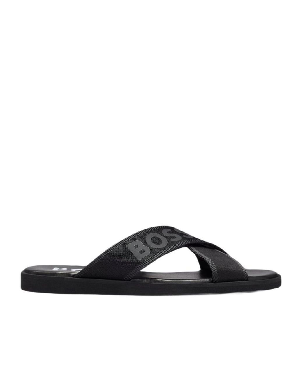 BOSS Logo-Print Leather Slides in Black for Men | Lyst