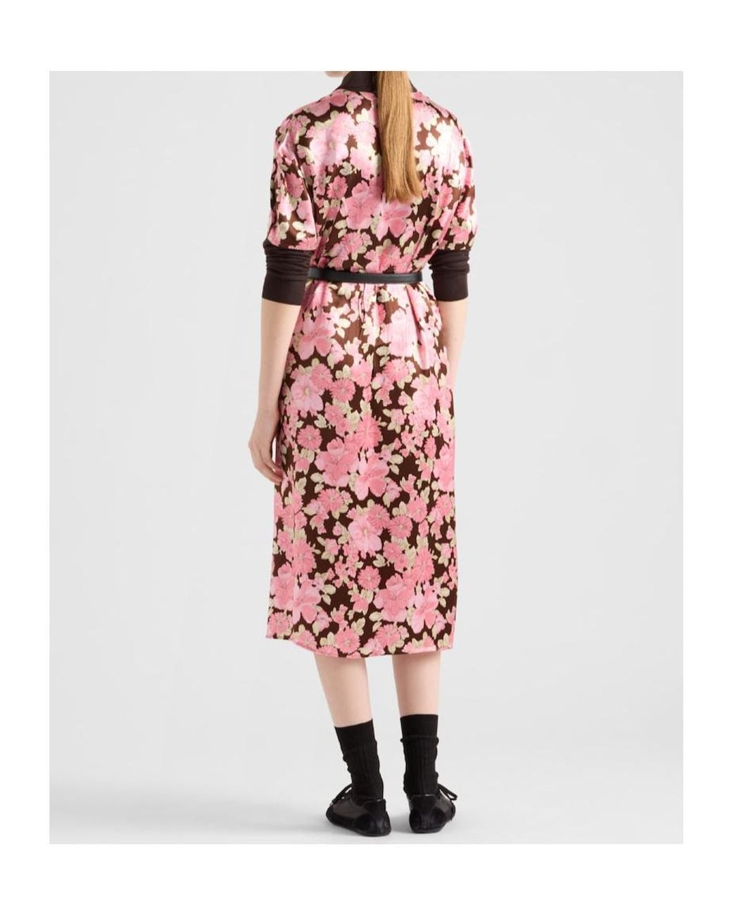 Prada Satin Floral Midi Dress in Red | Lyst