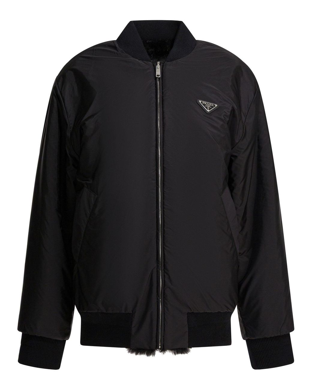 Prada Logo Plaque Reversible Bomber Jacket in Black | Lyst