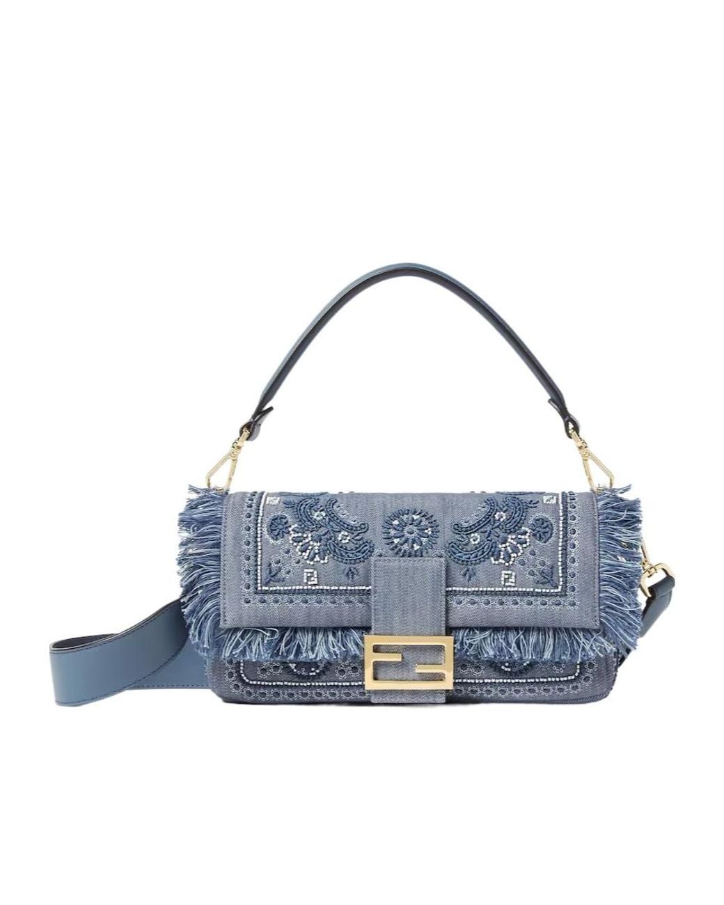 Fendi Baguette Bandana Embroidered Fringed Denim Shoulder Bag in Blue ...