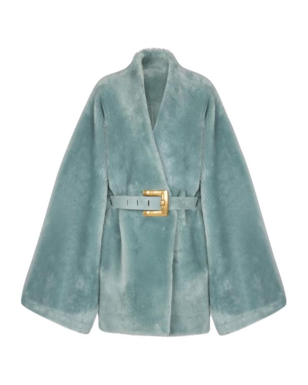 Balmain Shearling Belted Coat in Blue | Lyst