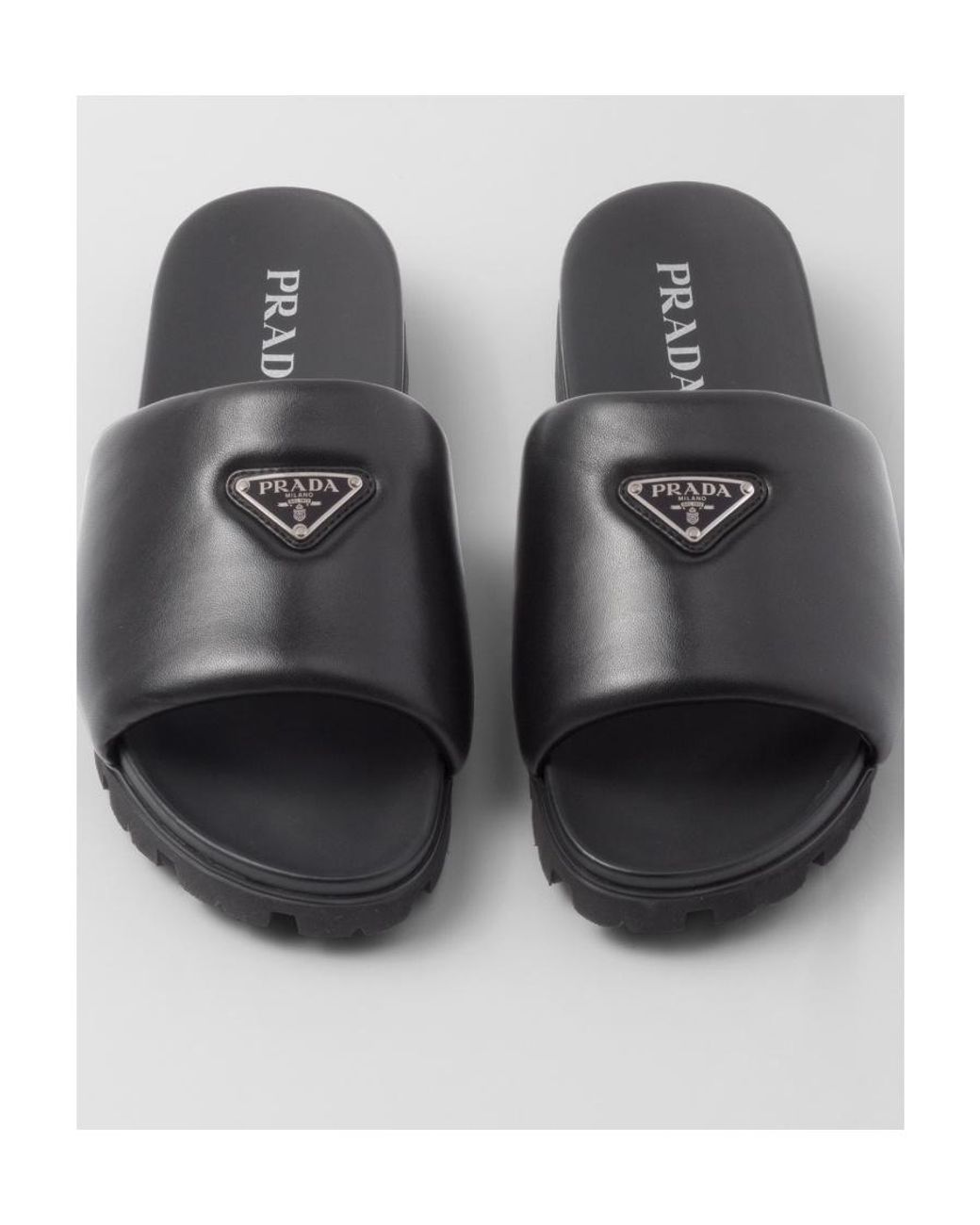 Prada Triangle Logo Plaque Slides in Black for Men | Lyst