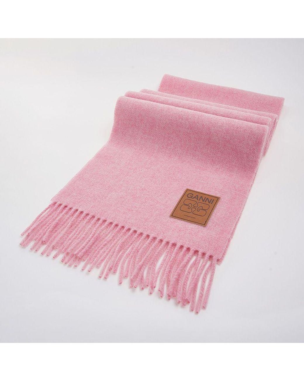 Ganni Logo Patch Fringed Edge Scarf in Pink | Lyst
