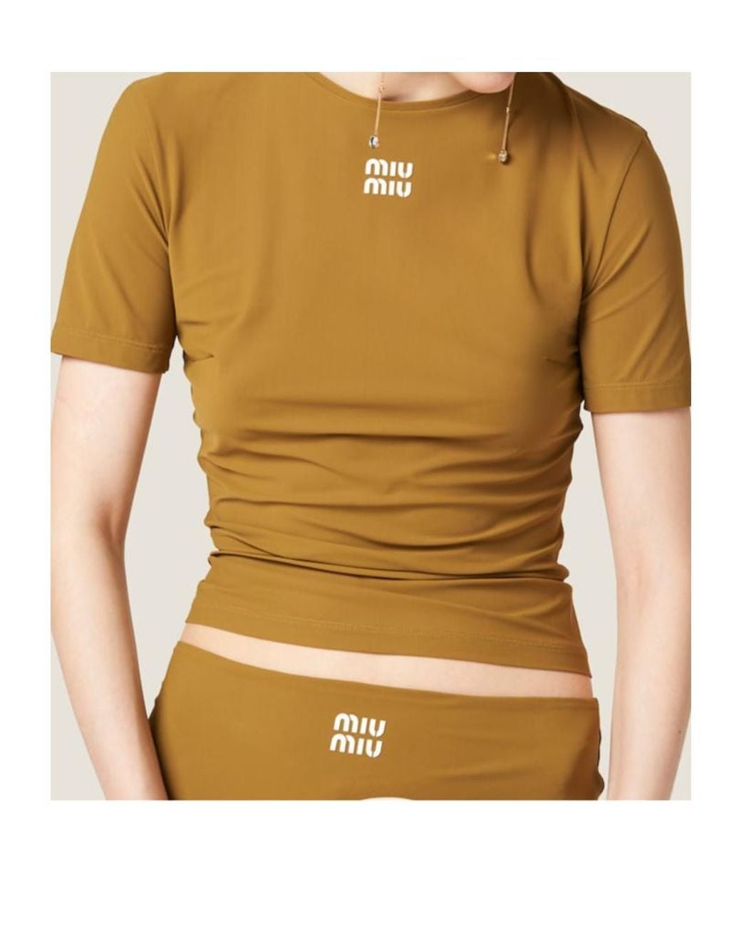 Miu Miu Logo-Appliquéd T-Shirt in Yellow | Lyst