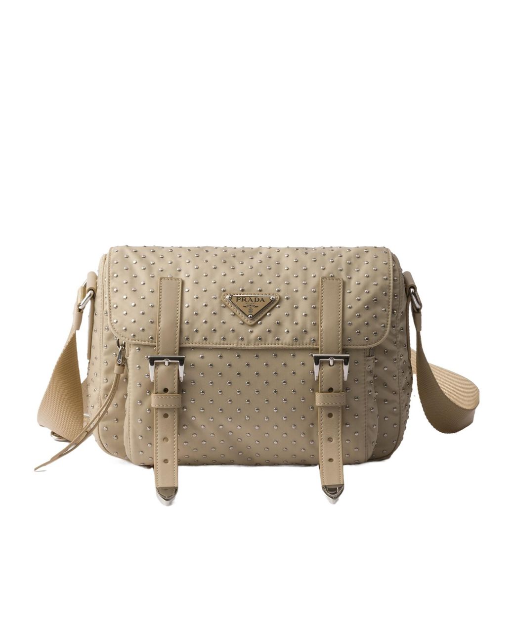 Prada Re-Nylon Shoulder Bag With Studs in Natural | Lyst