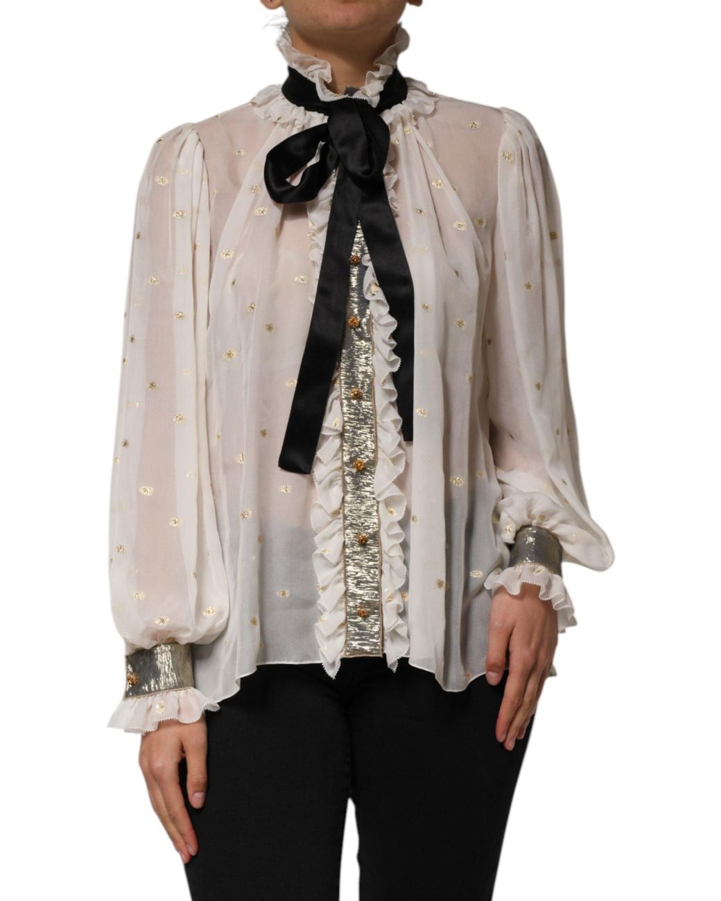 Dolce & Gabbana Silk Long Sleeve Ascot Collar Top in Gray | Lyst