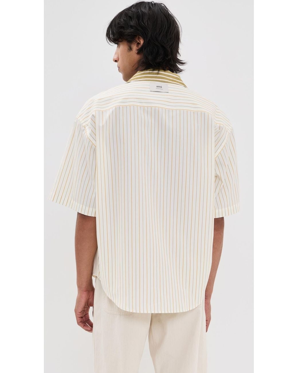 Ami Paris Striped Boxy Fit Camp Collar Shirt in Natural for Men | Lyst