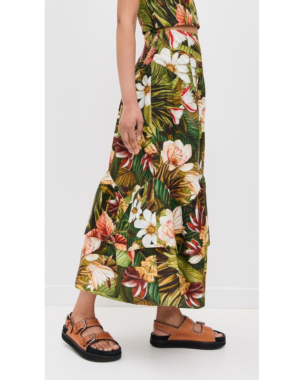 FARM Rio Botanical Forest Asymmetric Yoke Midi Skirt in Green | Lyst