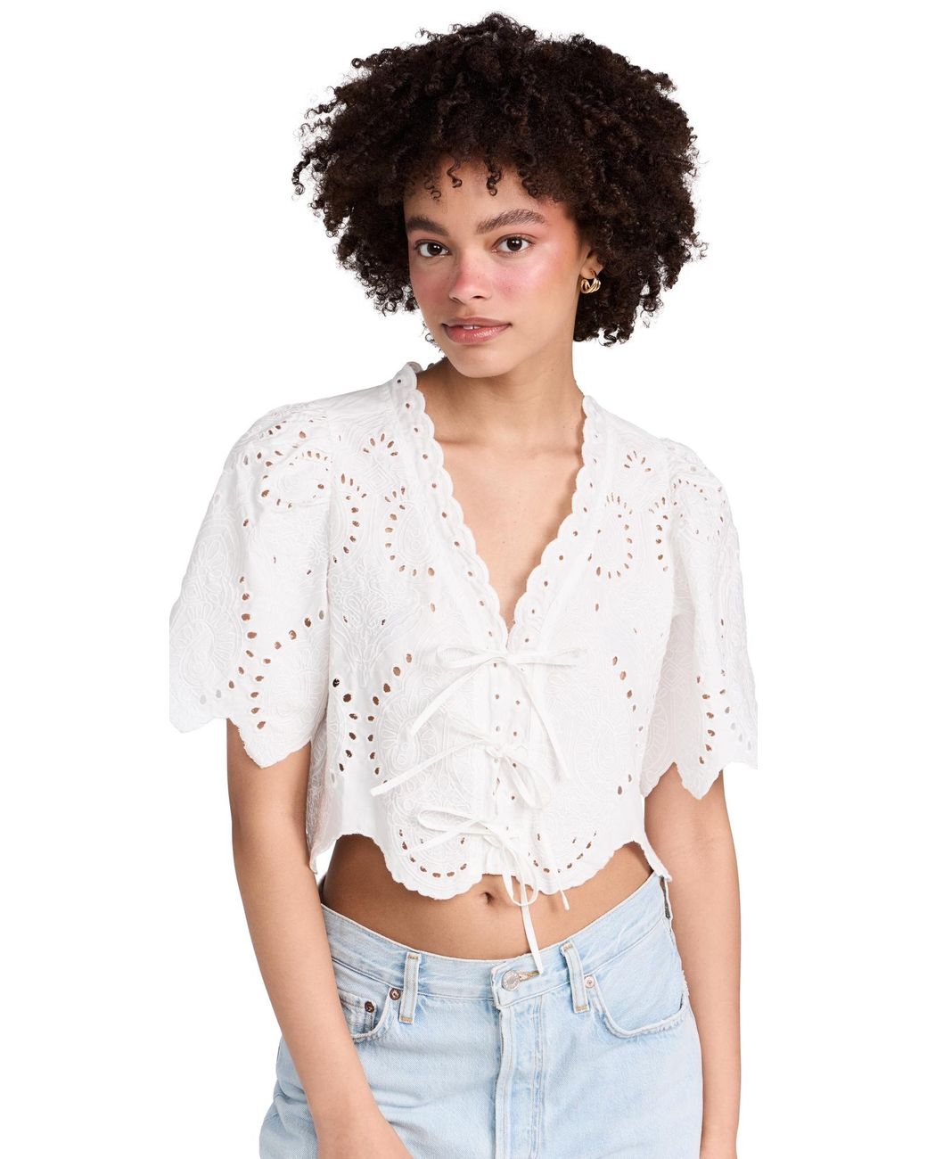 Moon River Puff Leeve Eyelet Top With Front Tie in Black | Lyst