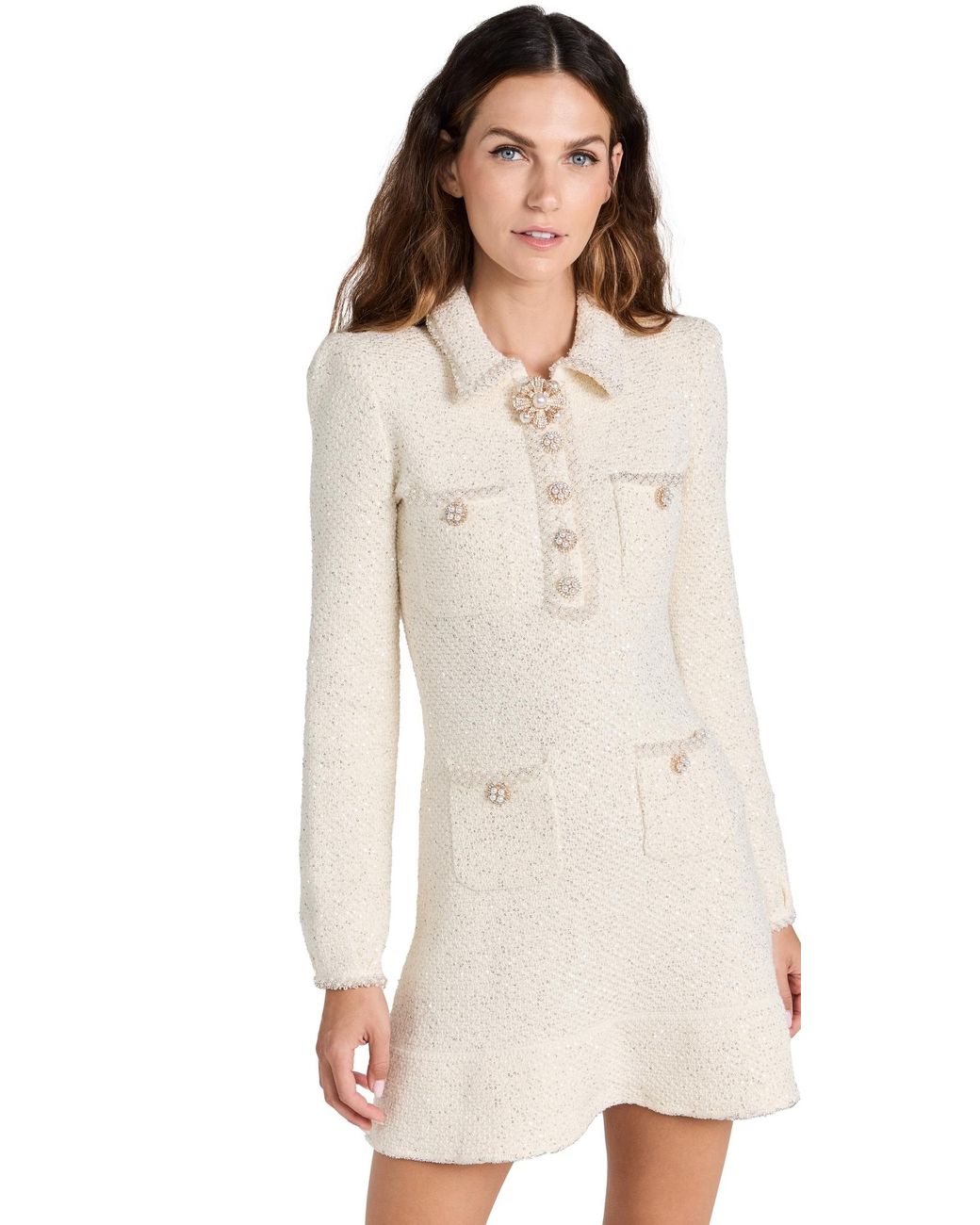 Self-Portrait Sef Portrait Cream Sequin Knit Pear Mini Dress in Natural ...
