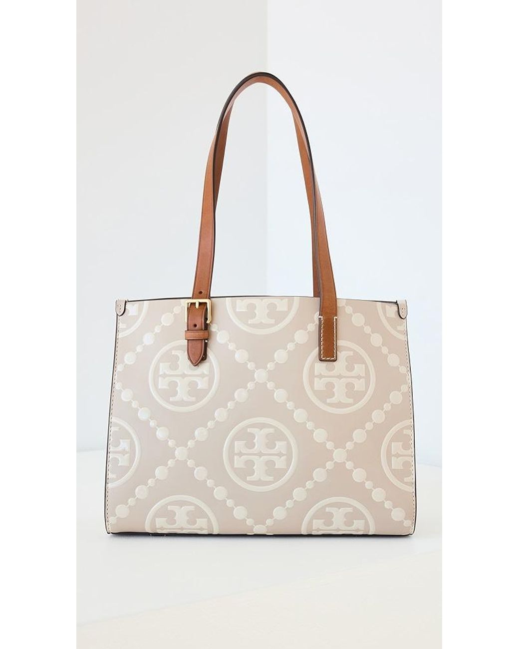 Tory Burch T Monogram Contrast Embossed Small Tote in Natural | Lyst
