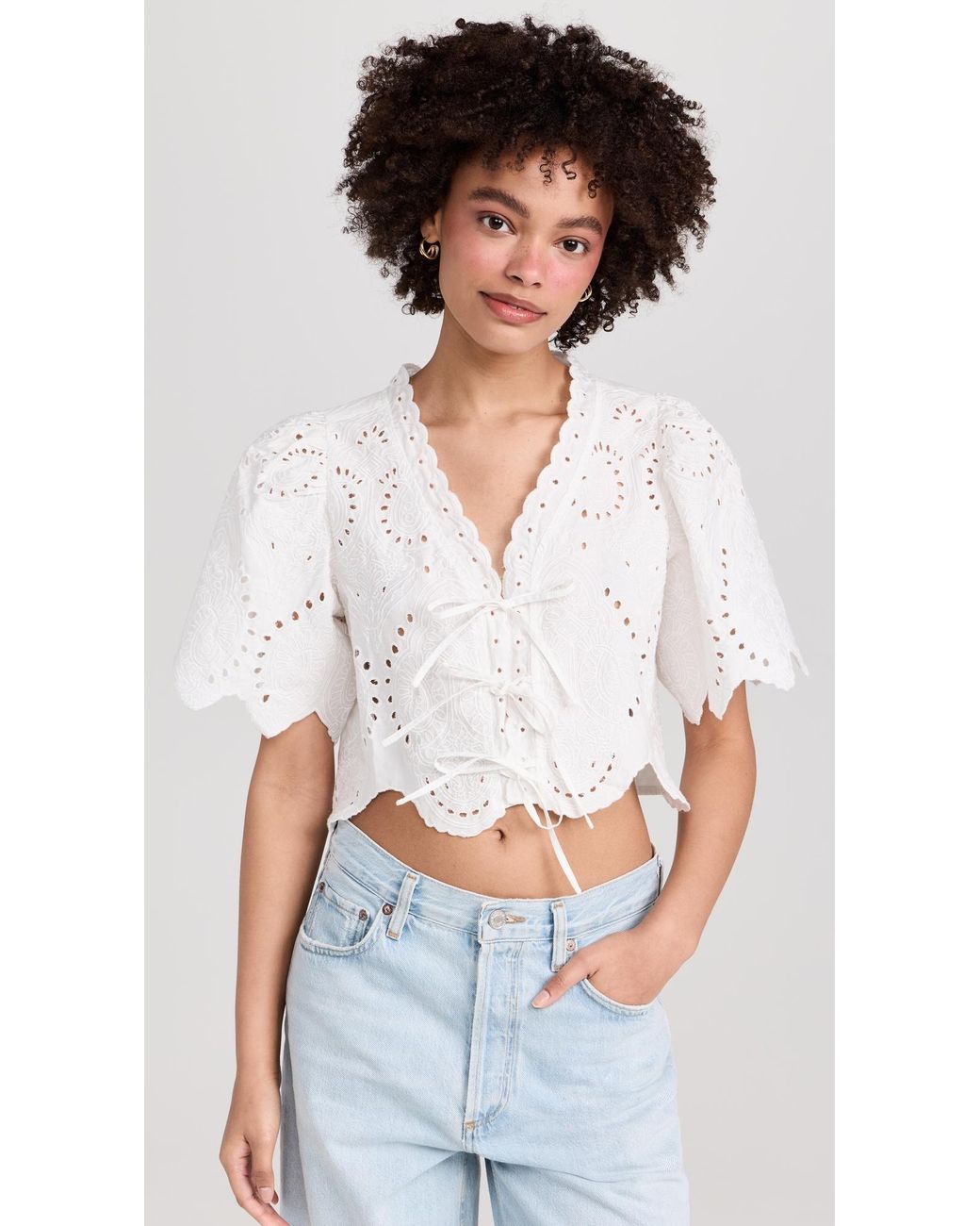 Moon River Puff Sleeve Eyelet Top With Front Ties in Black | Lyst